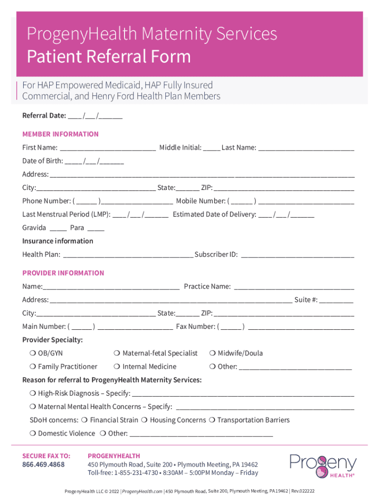Fillable Online ProgenyHealth Maternity Services Patient Referral Form Fax Email Print - pdfFiller