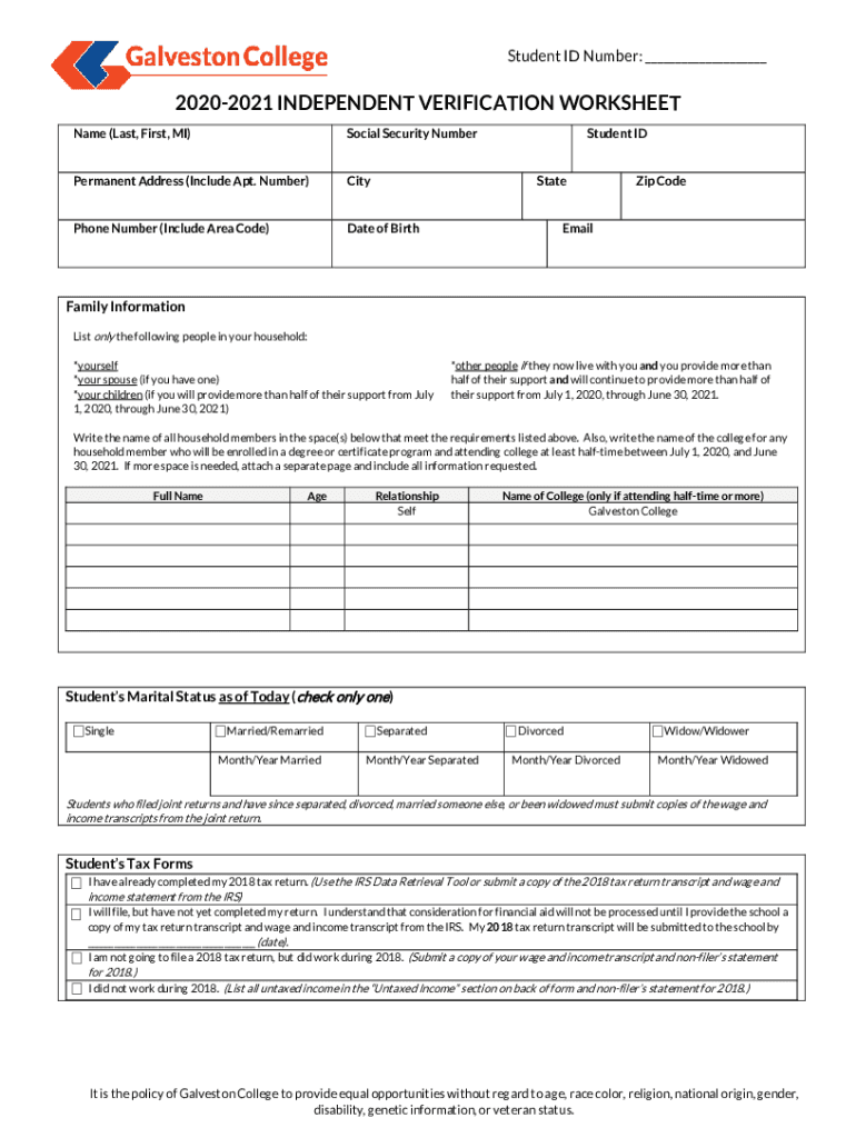 Fillable Online 20202021 Verification WorksheetIndependent Student (V1) Fax Email Print - pdfFiller