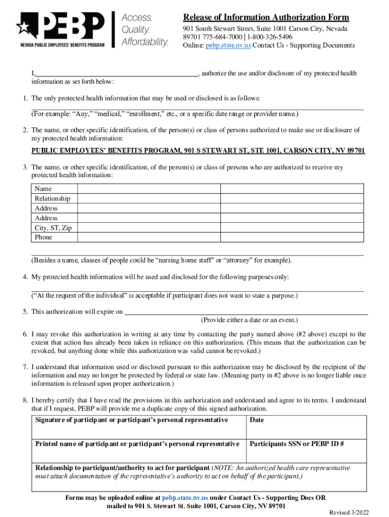 Fillable Online pebp state nv Release of Information Authorization Form Fax Email Print - pdfFiller