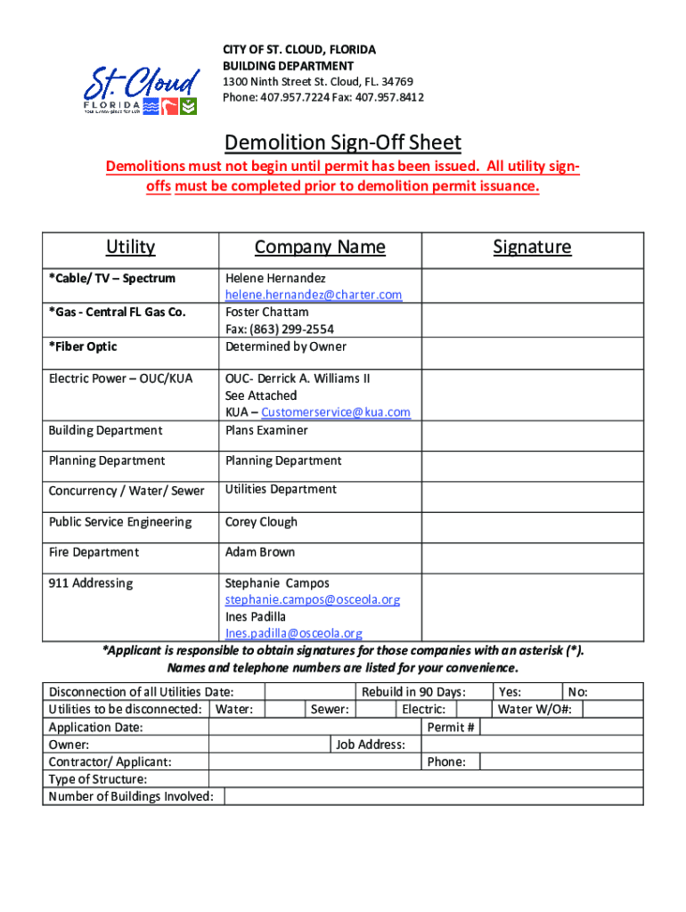 Fillable Online Demolition Sign-Off Sheet - City of St. Cloud Fax Email ...
