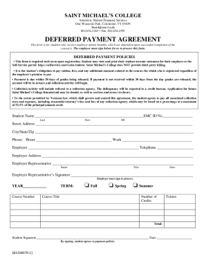 Fillable Online DEFERRED PAYMENT AGREEMENT - Saint Michael's College ...