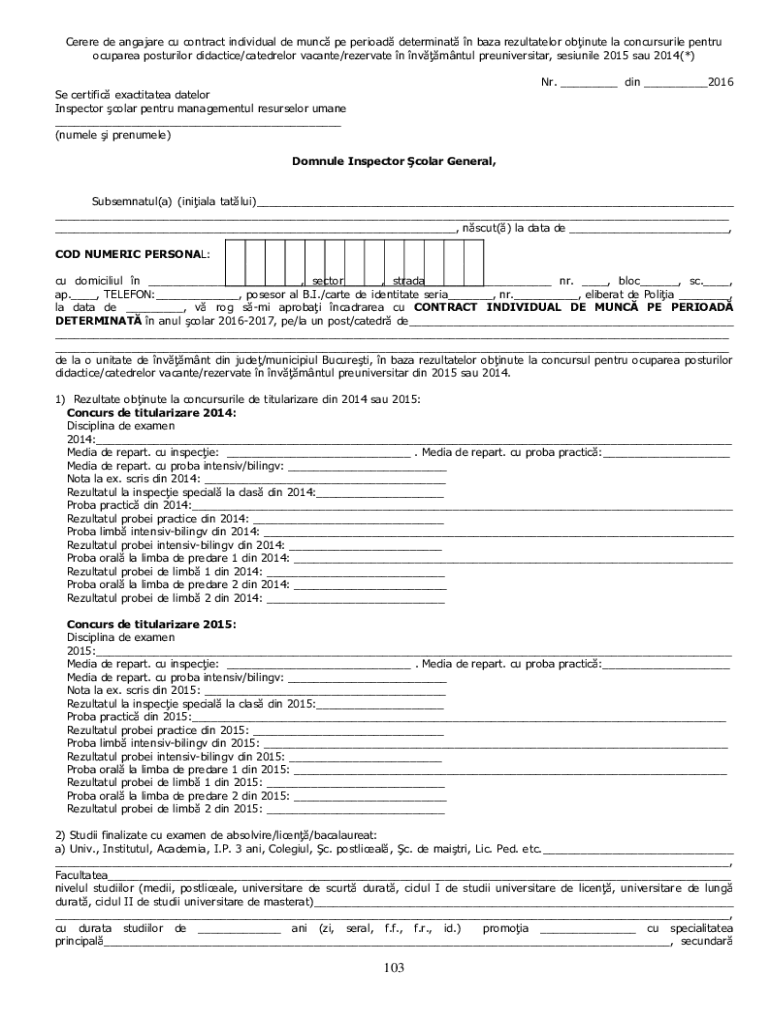 Fillable Online isj vs edu Cerere de angajare cu contract individual de ...