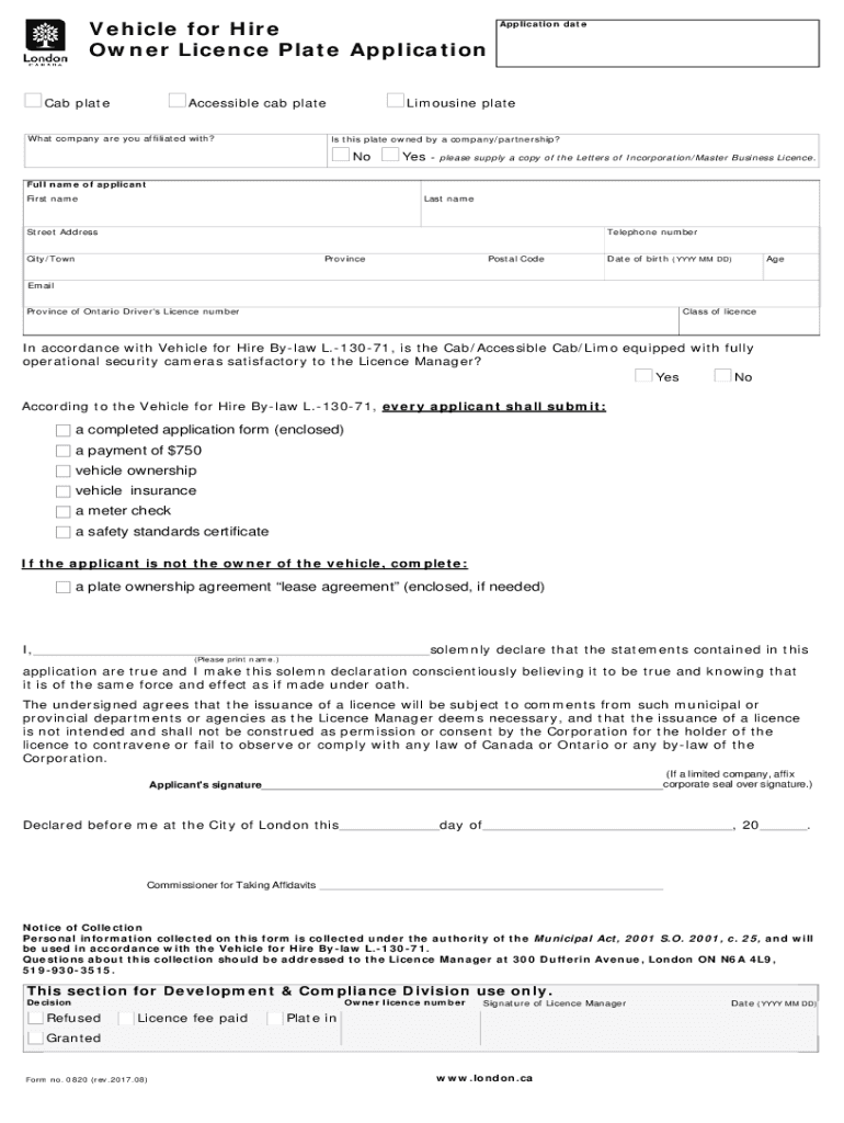 Fillable Online Form 0820 - Vehicle for Hire Licence Plate Application ...