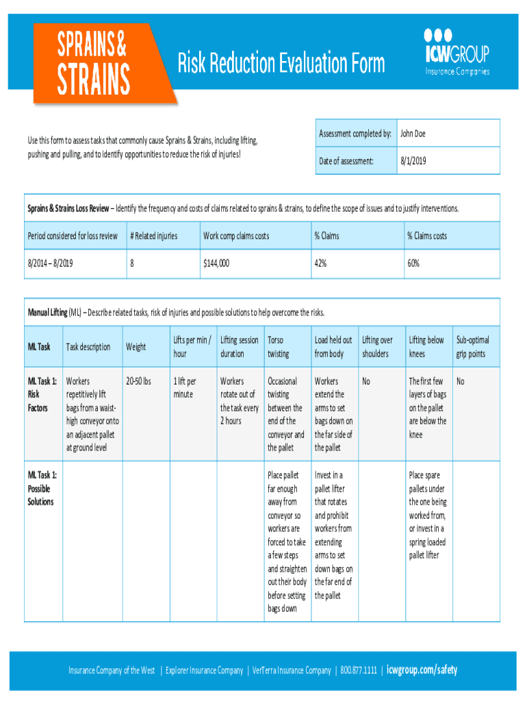 Fillable Online Sprains & Strains Risk Reduction Evaluation Form ...
