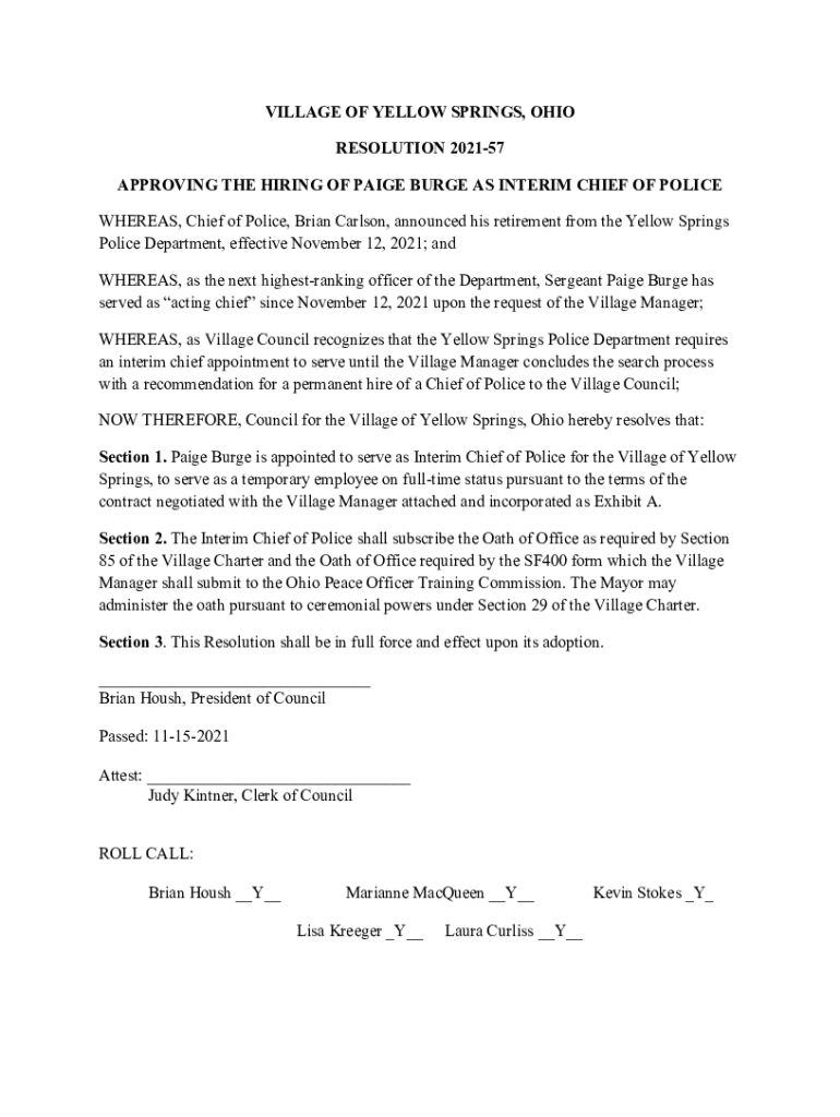 Fillable Online Acting Chief of Police Announcement - Village of Yellow ...