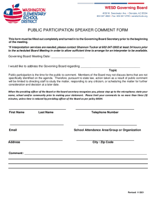 Fillable Online PUBLIC PARTICIPATION SPEAKER COMMENT FORM Fax Email ...