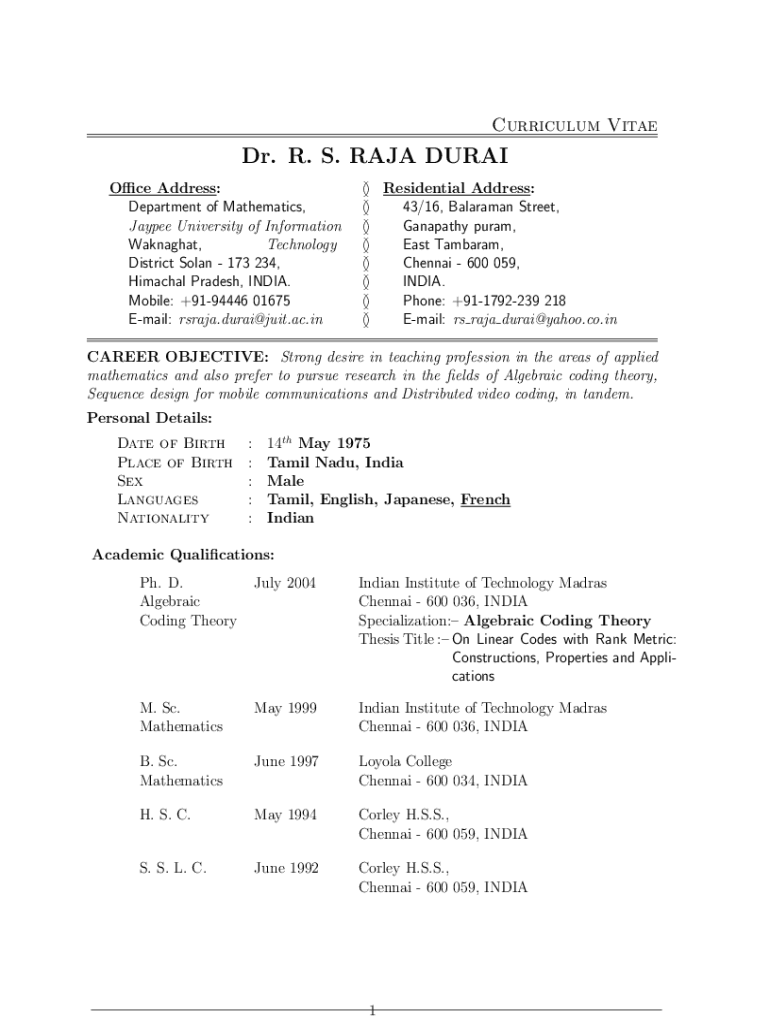 Fillable Online Dr. R.S. Raja Durai - Associate Professor - JUIT Fax Email Print - pdfFiller