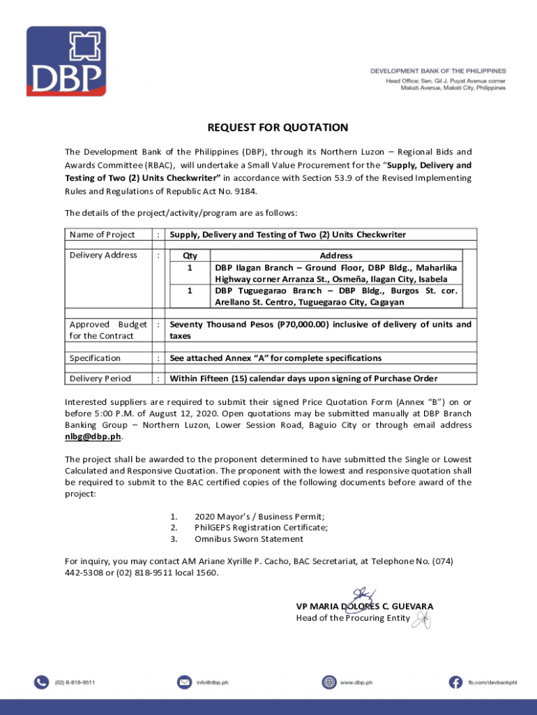 Fillable Online REQUEST FOR QUOTATION - Small Value Procurement (53.9 ...