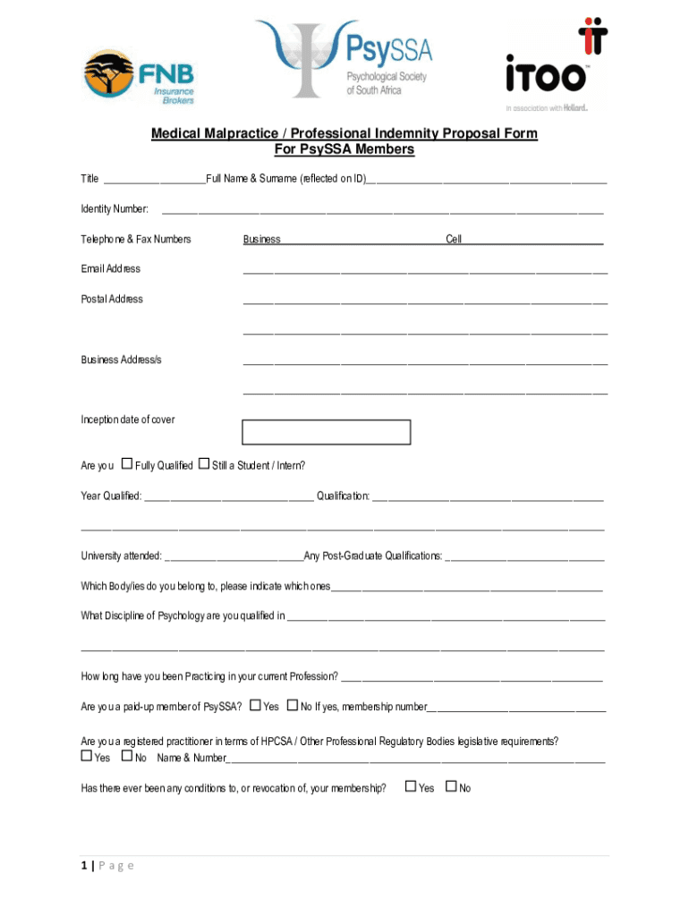 Fillable Online Medical Malpractice Liability Policy Proposal Form Fax ...