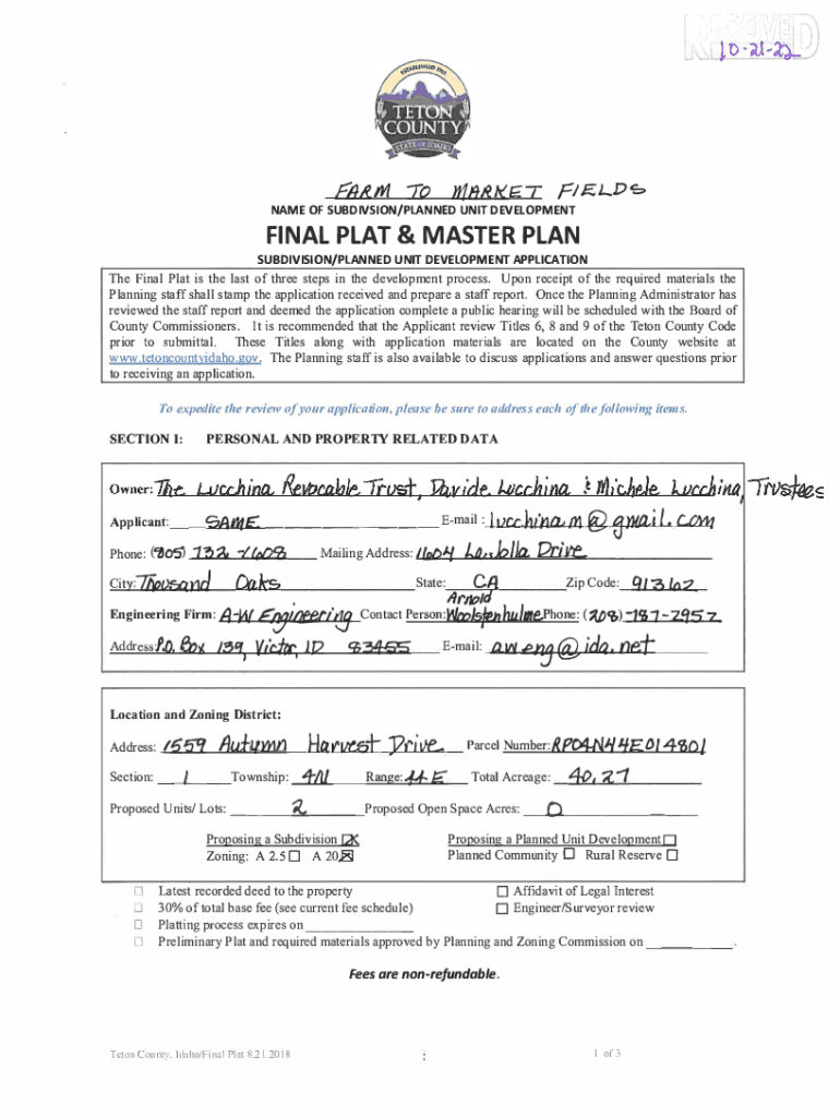 Fillable Online Final Plat & Master Plan - Teton County Idaho Fax Email ...