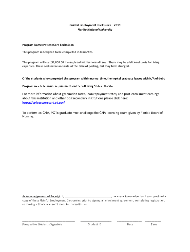 Fillable Online Patient Care Technician, Gainful Employment Disclosure ...