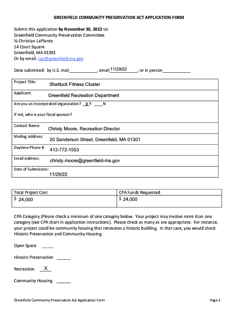 Fillable Online GREENFIELD COMMUNITY PRESERVATION ACT APPLICATION FORM Fax Email Print - pdfFiller