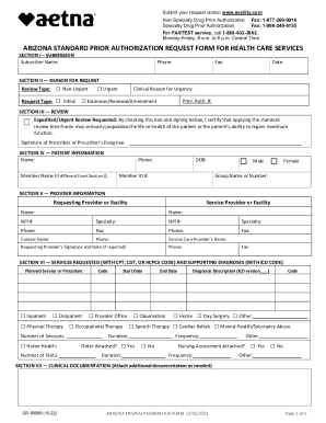 Fillable Online Aetna - Arizona Standard Prior Authorization Request ...