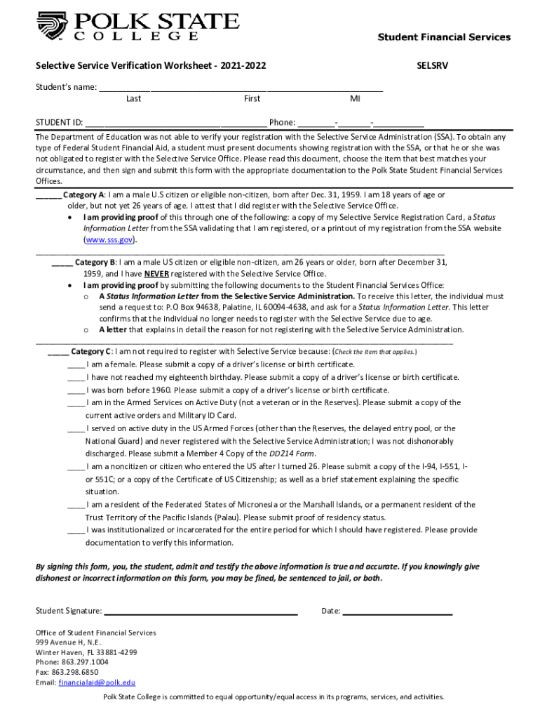 Fillable Online Polk State Selective Service Verification Worksheet Fax Email Print - pdfFiller
