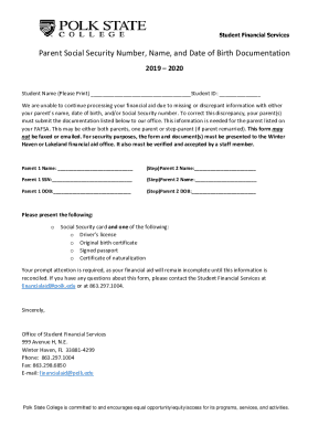 Fillable Online Polk State Parent Social Security Number, Name, and Date of Birth Documentation ...