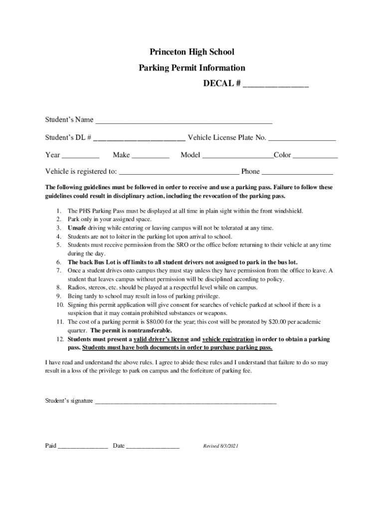 Fillable Online princeton high school application for student parking ...