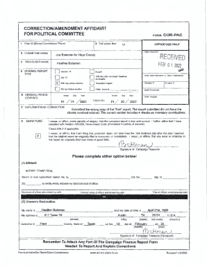 Fillable Online Correction Amendment Affidavit For Political Committee ...