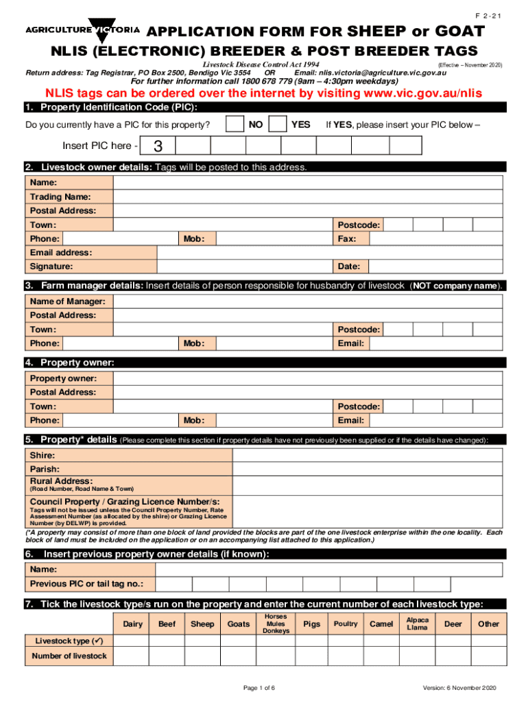 Fillable Online APPLICATION FORM FOR SHEEP or GOAT NLIS ... Fax Email ...