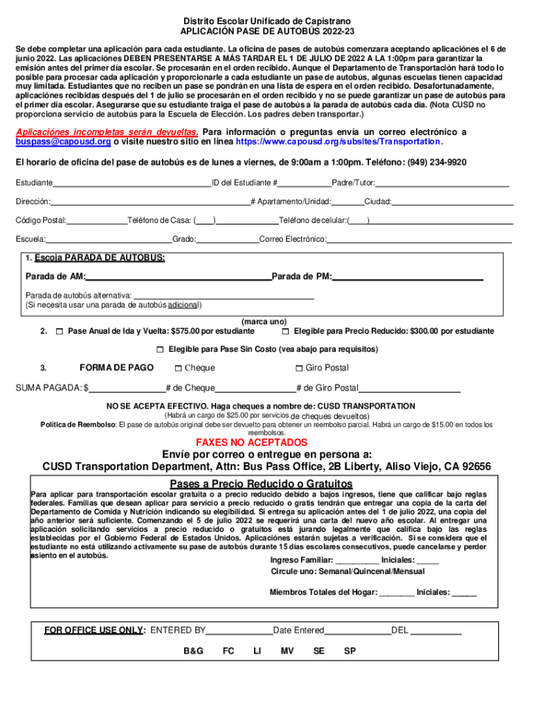 Fillable Online APPLICATION FOR SCHOOL BUS PASS Fax Email Print - pdfFiller