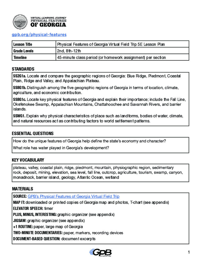 Fillable Online NEW Virtual Field Trip: Physical Features Of Georgia ...