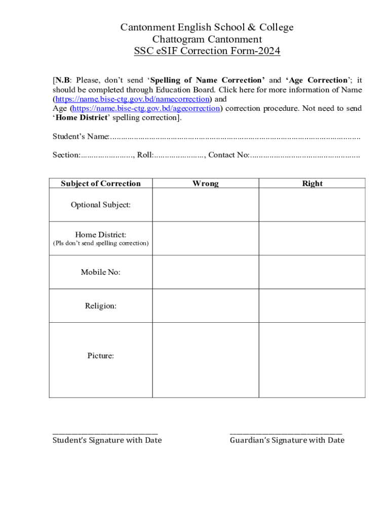 Fillable Online Cantonment SSC eSIF Correction Form-2024 Fax Email ...
