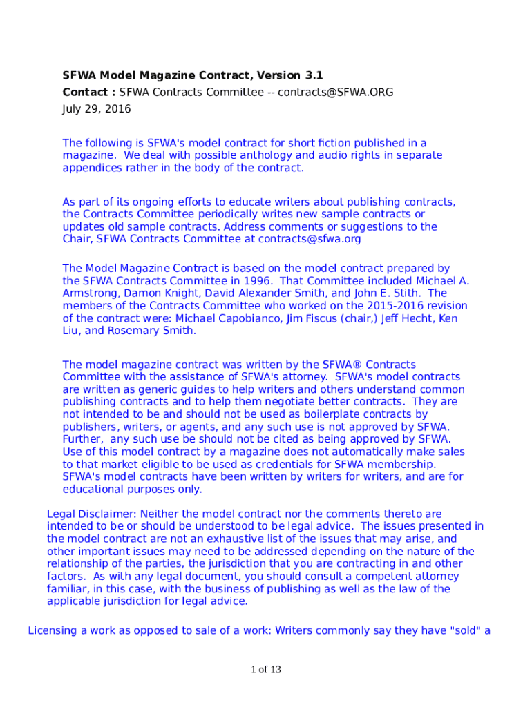 1 of 10 SFWA Model Magazine Contract, Version 3.1 Contact Doc Template ...