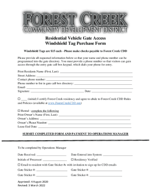 Fillable Online Residential Vehicle Gate Access Windshield Tag Purchase ...