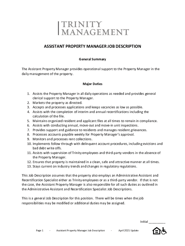 Fillable Online Assistant Property Manager job description ...