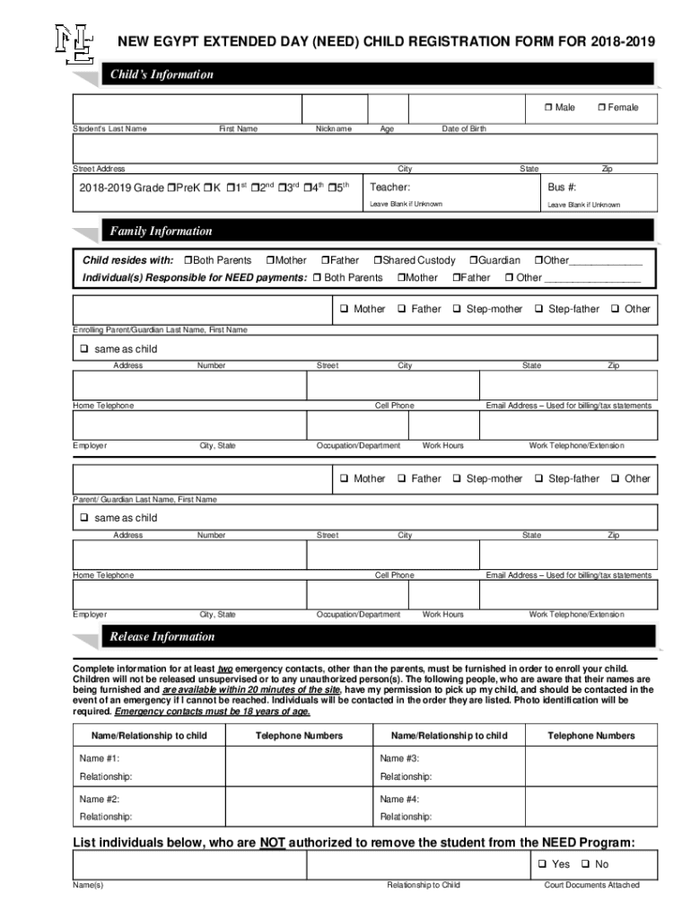 Fillable Online NEW EGYPT EXTENDED DAY (NEED) CHILD REGISTRATION ...