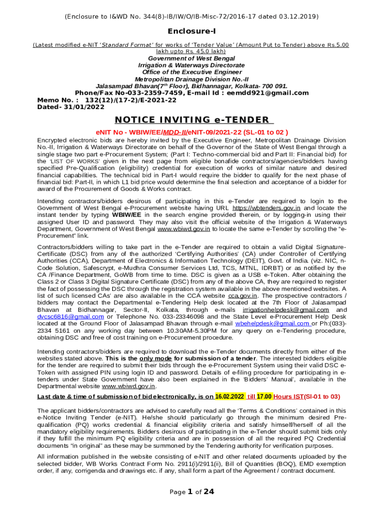 NOTICE INVITING e-TENDER - wbiwd.gov.inKakdwip Irrigation ... - wbiwd gov Doc Template | pdfFiller
