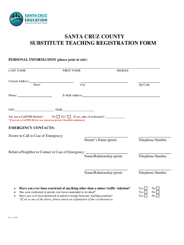 Fillable Online Substitute Registration Form - Santa Cruz County Office of ... Fax Email Print ...