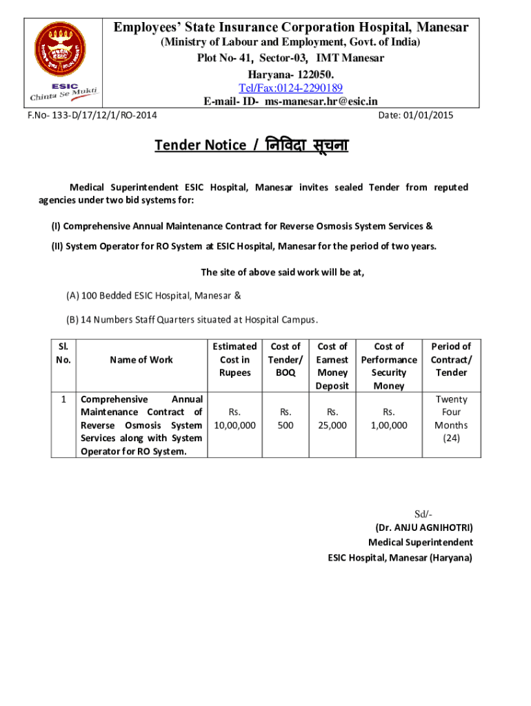 Fillable Online Tender Notice /- ESIC Fax Email Print - pdfFiller