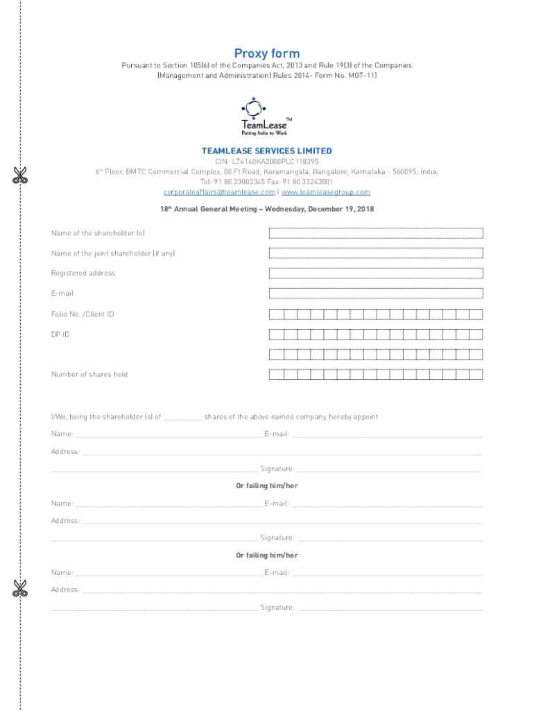 Fillable Online Form No. MGT-11 Proxy Form Pursuant to section 105(6 ...