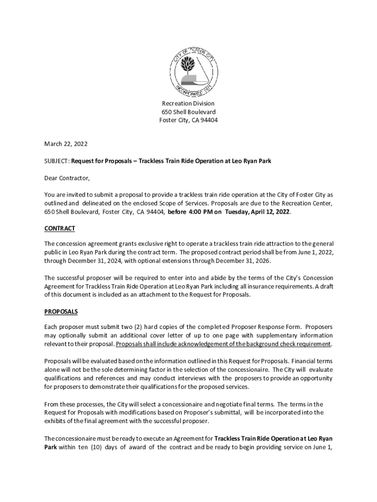 Fillable Online Request for Proposals - Trackless Train Concession at Leo Ryan Park Fax Email ...