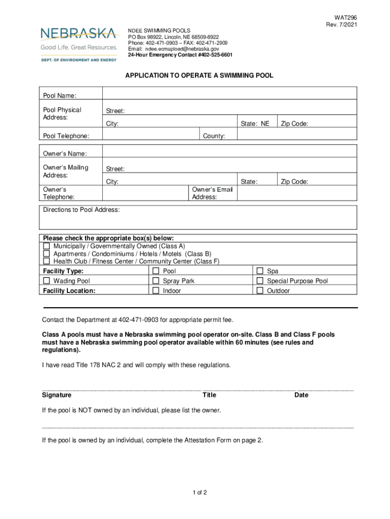 Fillable Online Application to Operate a Swimming Pool - NDEE ...