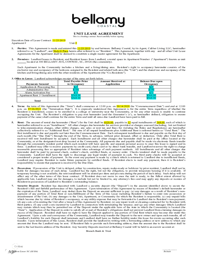 Fillable Online UNIT LEASE AGREEMENT Fax Email Print - pdfFiller