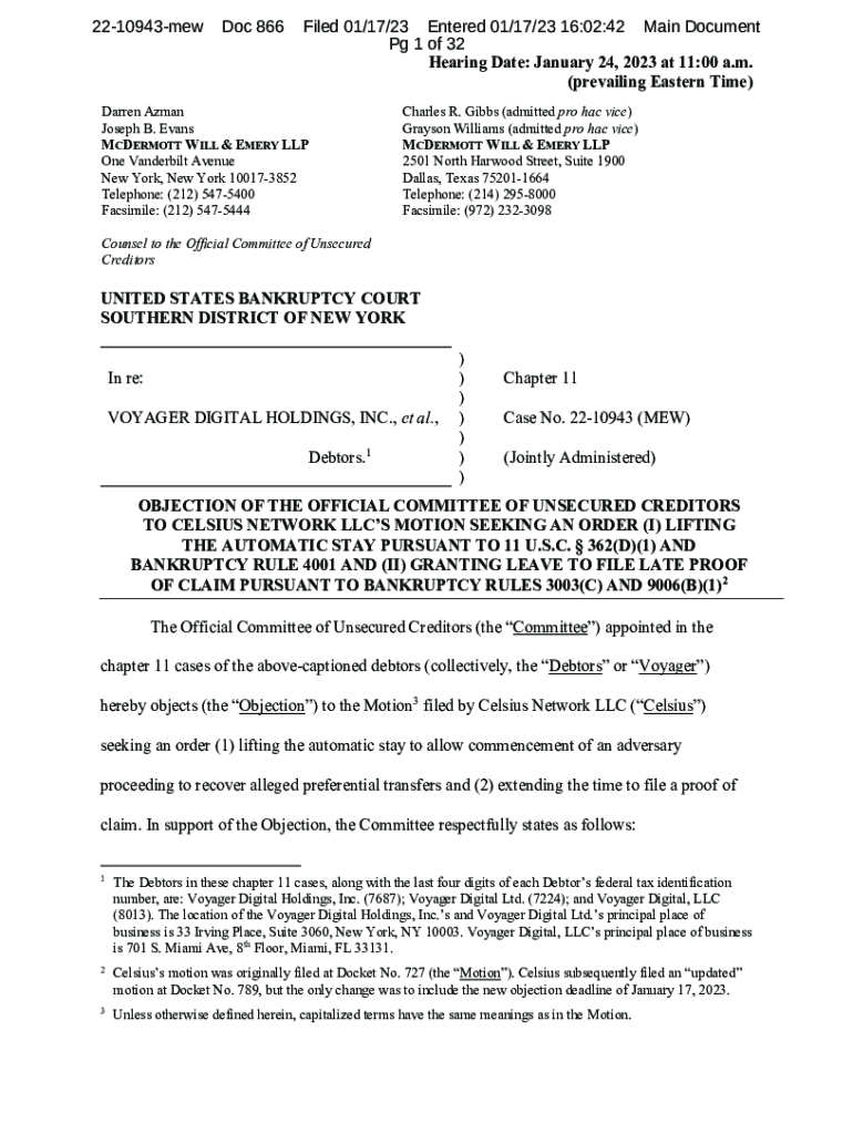 Fillable Online Voyager - Objection to Celsius Late Claim Motion ...