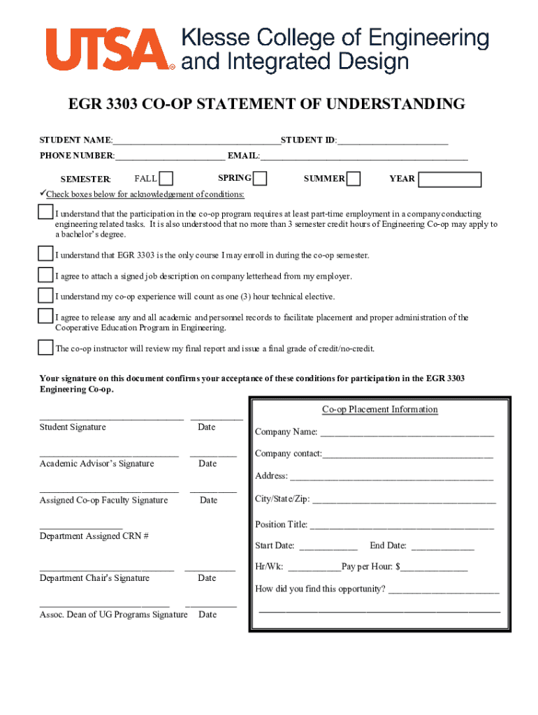 Fillable Online Engineering Co-op (EGR 3303) Statement of understanding Fax Email Print - pdfFiller
