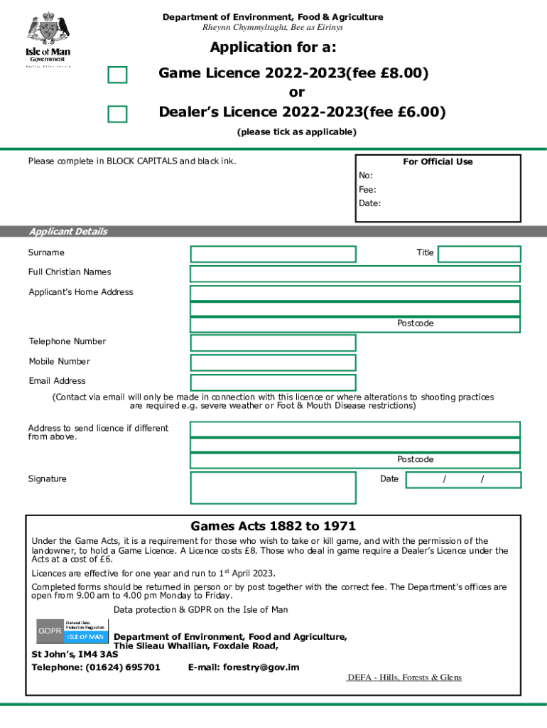 Fillable Online Application for a: Game Licence 2022-2023(fee 8.00) or ...