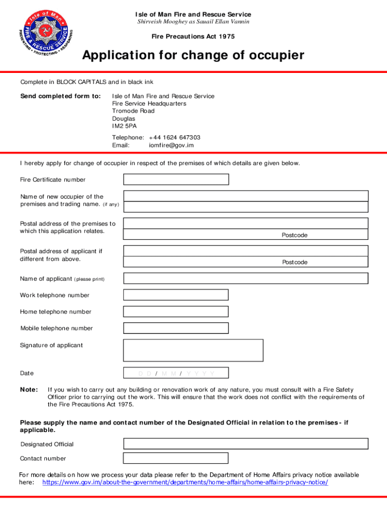 Fillable Online Application for change of occupier - Isle of Man ...