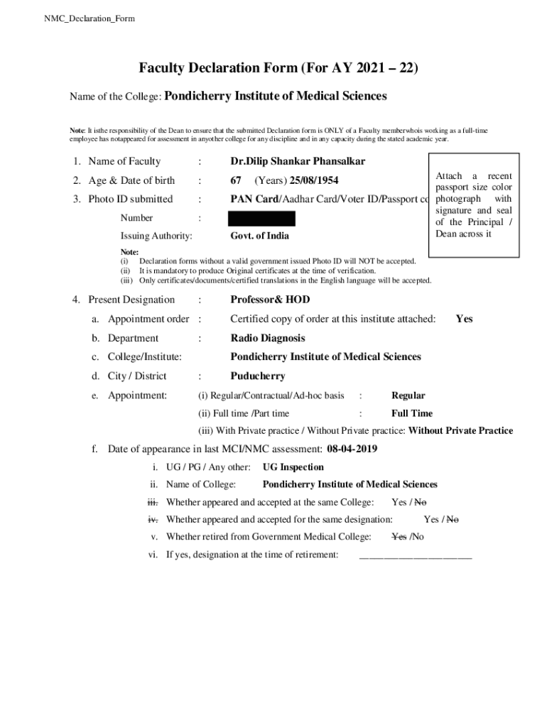 Fillable Online Faculty Declaration Form (For AY 202122) Fax Email ...