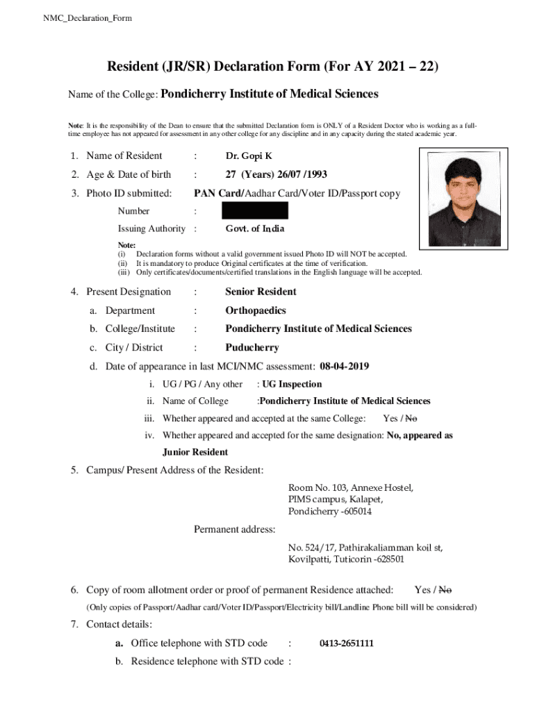 Fillable Online Self Declaration & College information proforma status ...