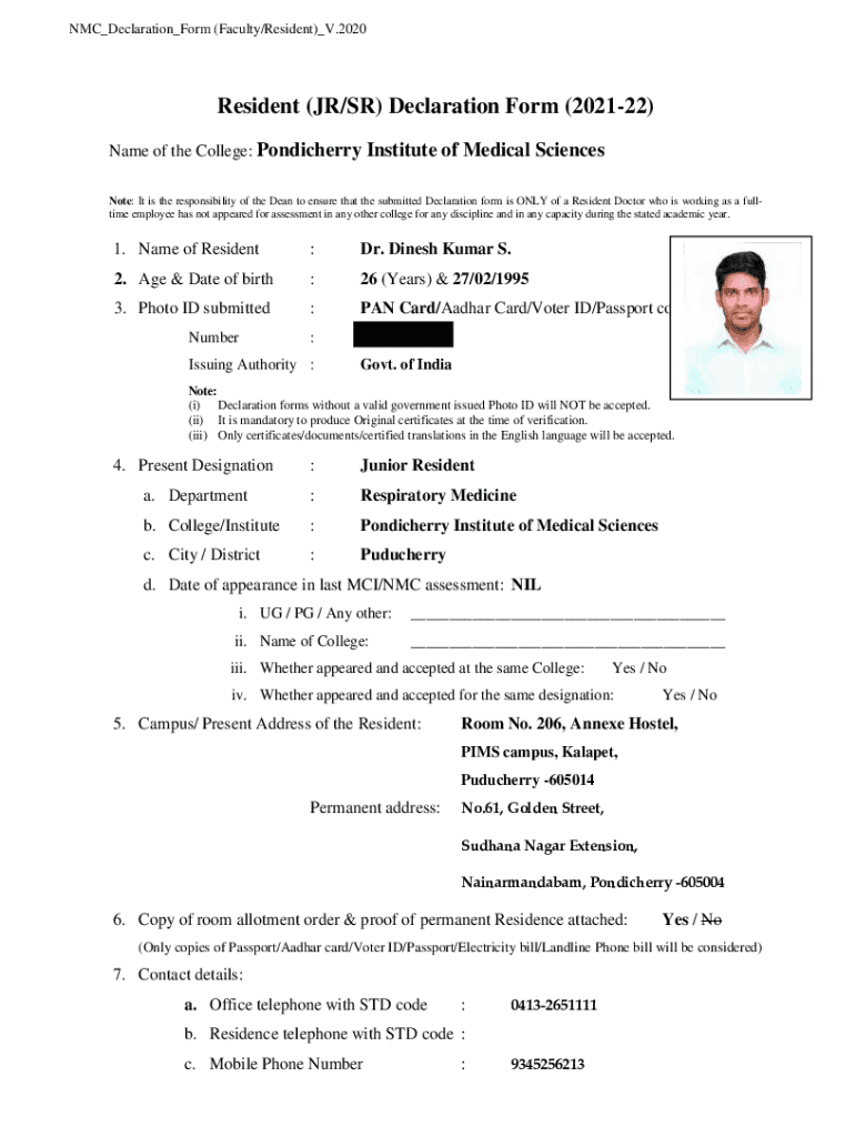 Fillable Online Faculty Declaration Form (2021-22) Name of the College ...