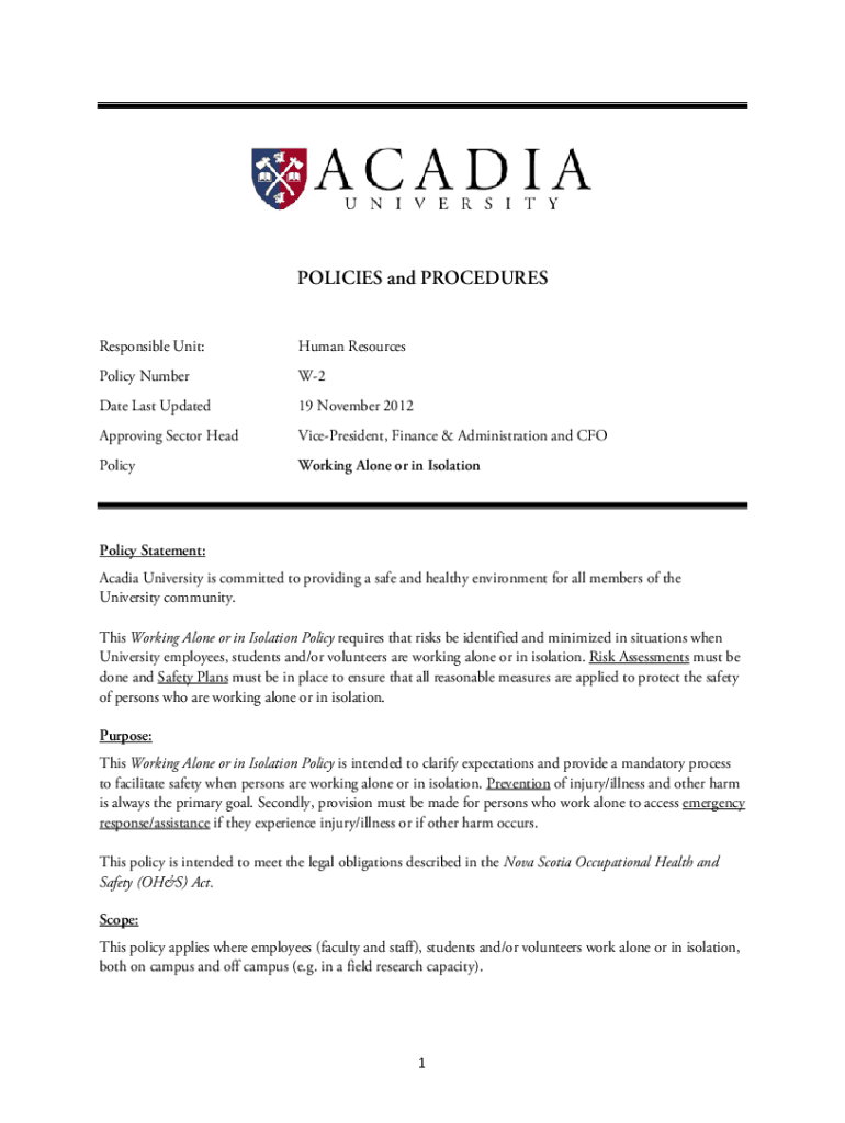 Fillable Online Working Alone or in Isolation.doc Fax Email Print ...