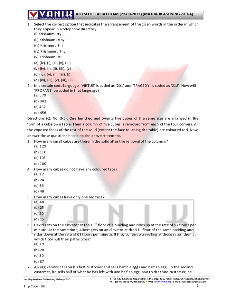 Fillable Online OPSC ASO EXAM 2022 II ASO MATHEMATICS II CLASS-16 II ...