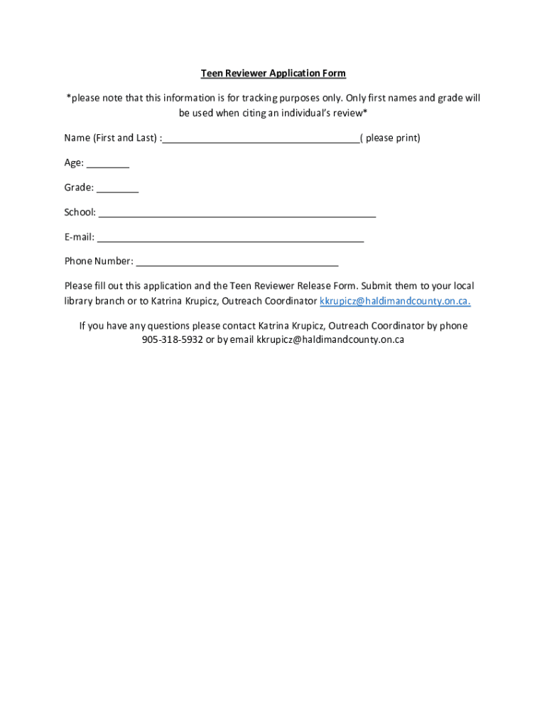 Fillable Online Teen Reviewer Application Form *please note that this ...