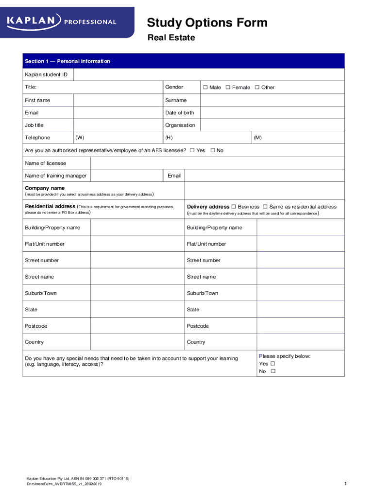 Fillable Online Study Options Form - Kaplan Professional Fax Email ...