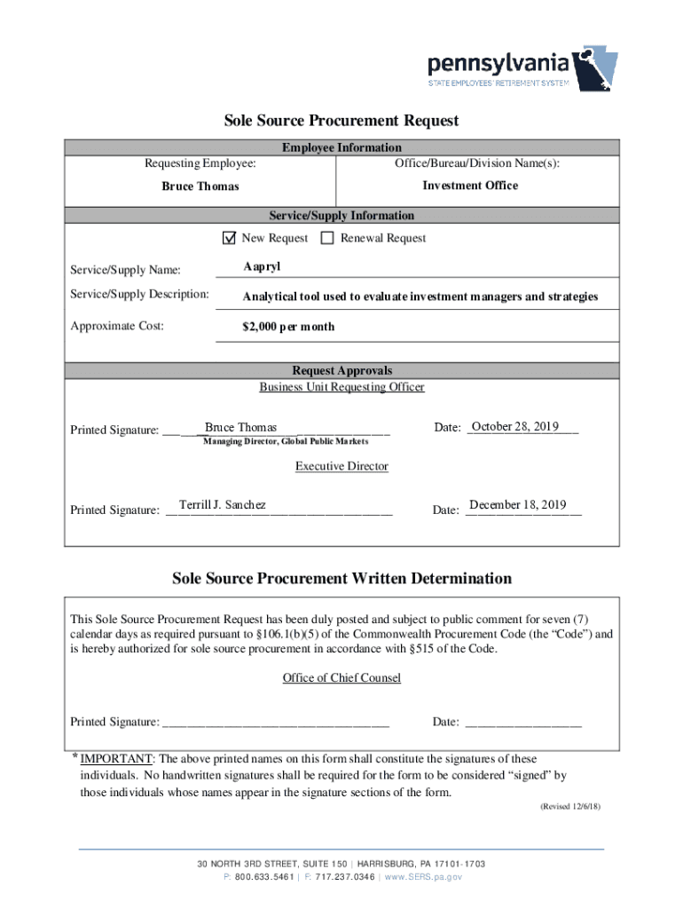 Fillable Online Sole Source Procurement Request Sole Source ... - PA.GOV Fax Email Print - pdfFiller