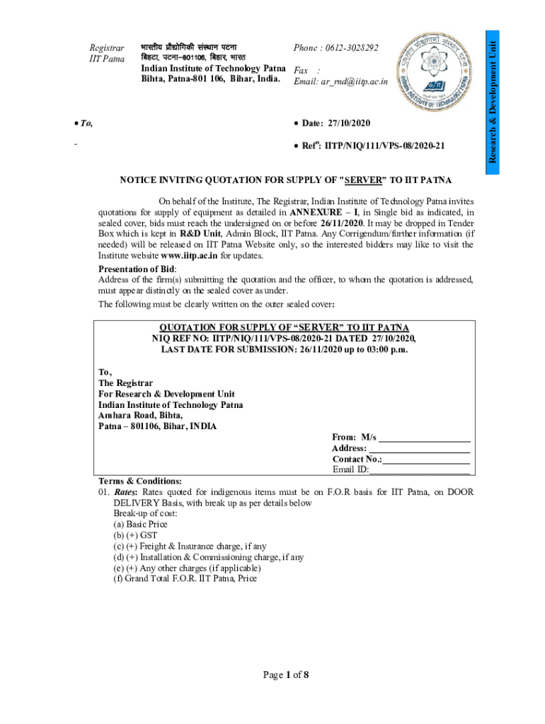 Fillable Online NOTICE INVITING QUOTATION FOR SUPPLY OF "SERVER TO IIT ...