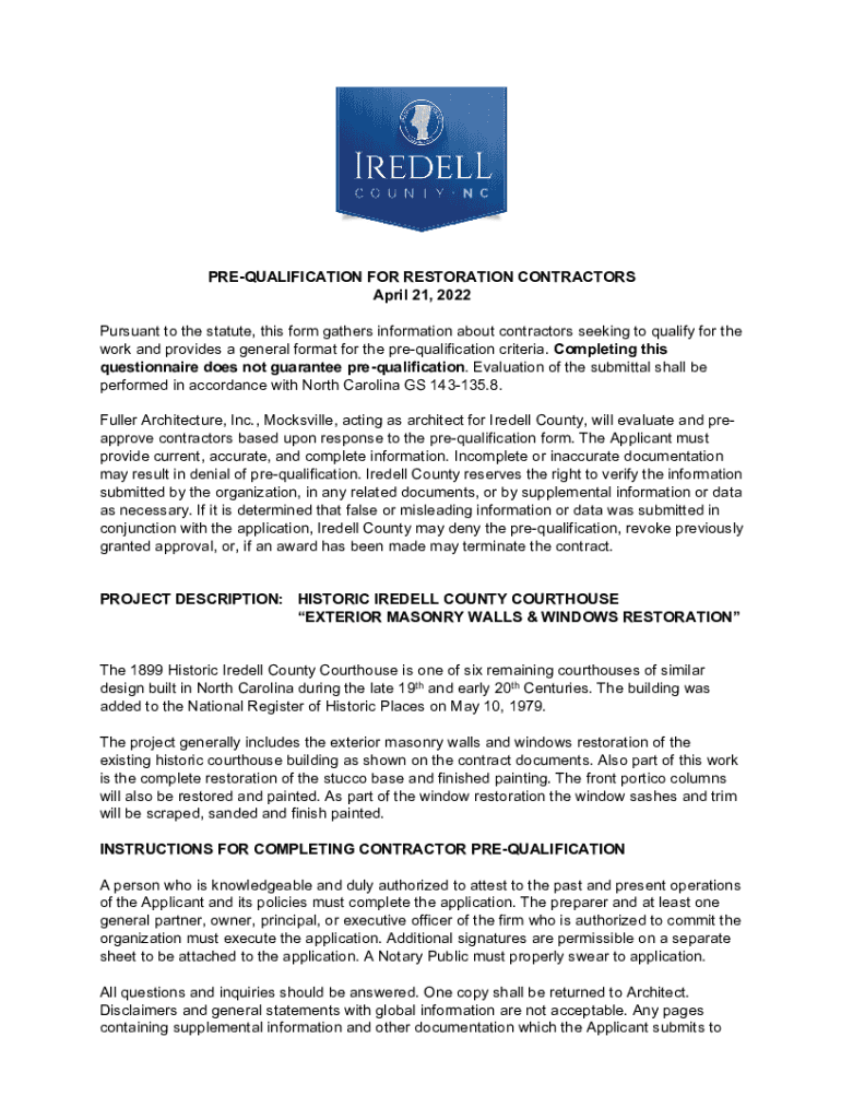 Fillable Online Prequalification for Restoration Contractors - Masonry ...